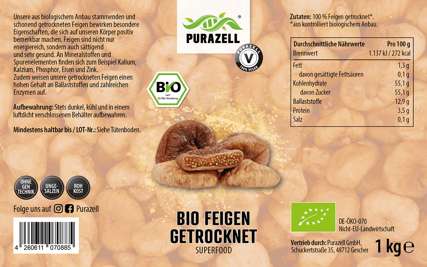 Getrocknete Feigen 1kg | Bio Qualität | Purazell